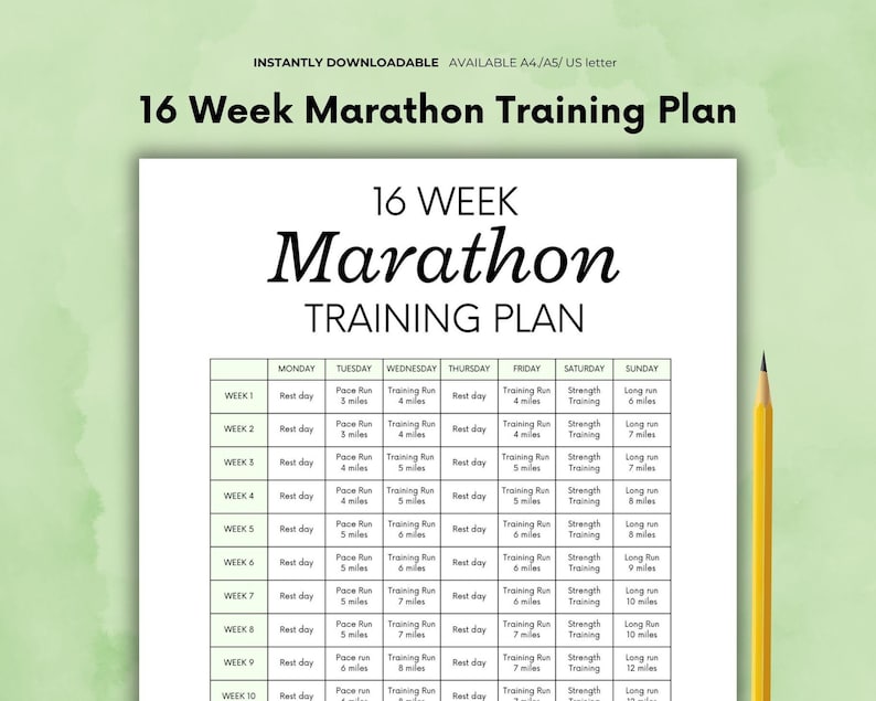 Printable 16 Week Marathon Training Plan, Running Guide, Cardio Tracker ...