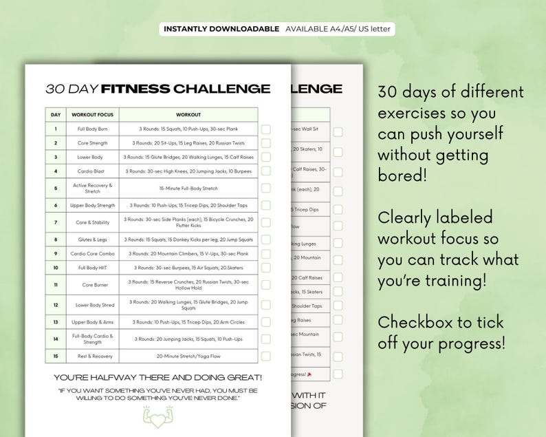30-day Fitness Challenge Printable | Full Body Home Workout Plan | No ...