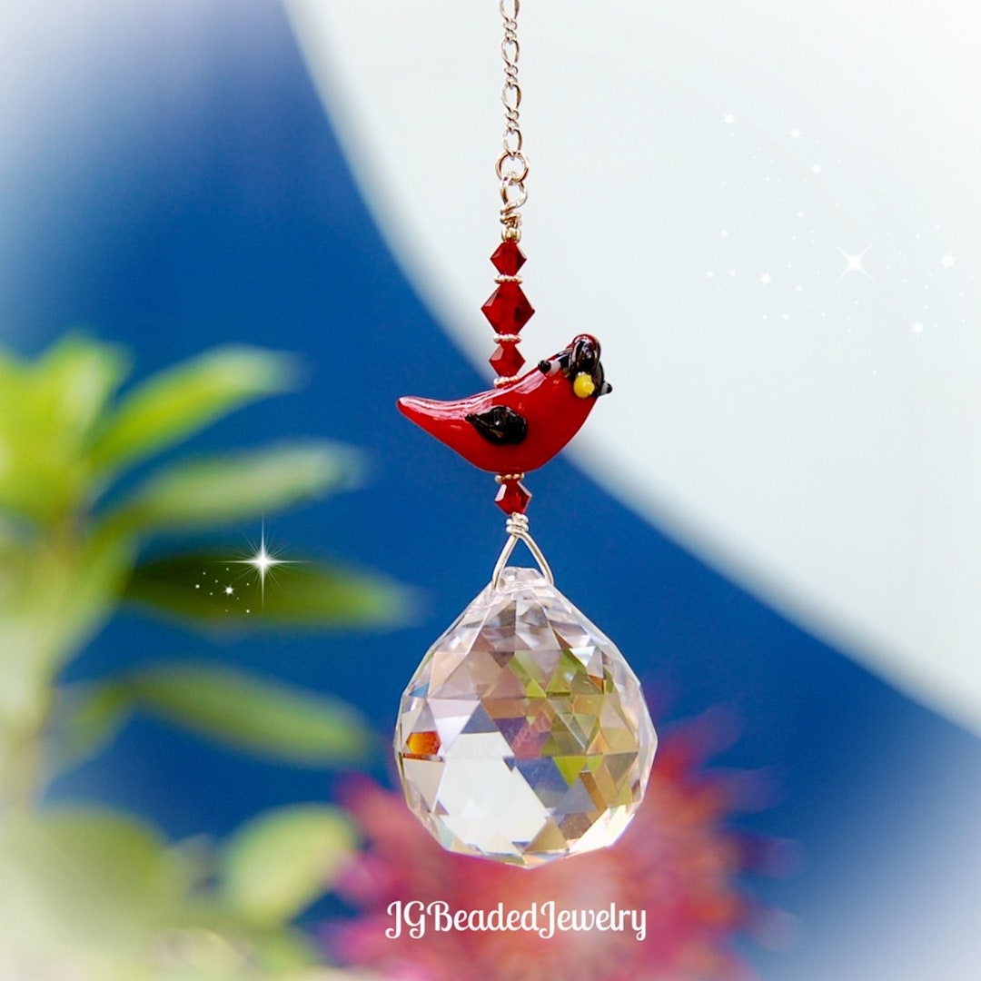 Red Cardinal Bird Lampwork Crystal Suncatcher, Rearview Mirror Car ...