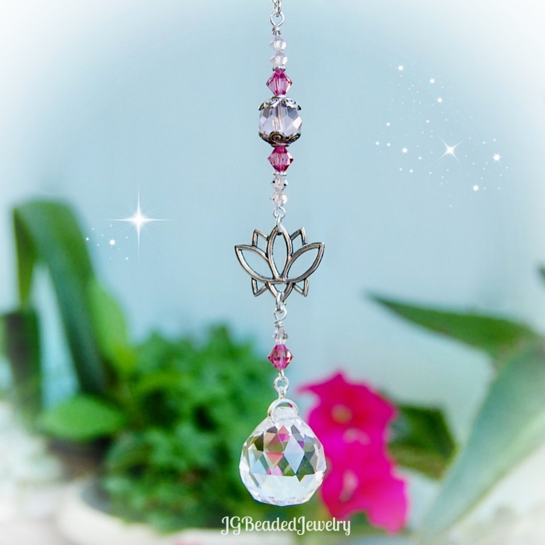 Pink Lotus Flower Crystal Prism Suncatcher, Rearview Mirror Car Charm ...