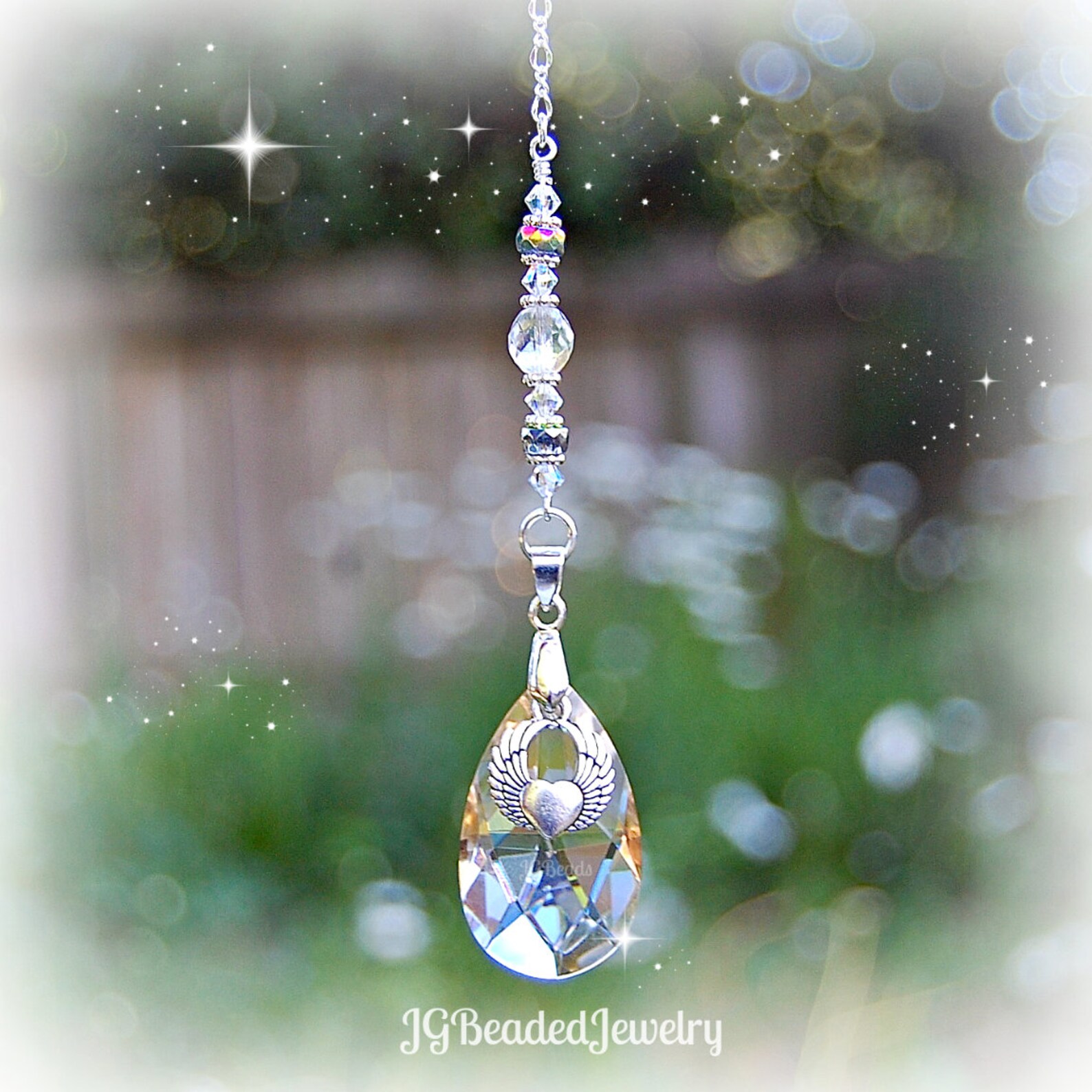 Winged Heart of Gold Prism Crystal Suncatcher, Rearview Mirror Car ...