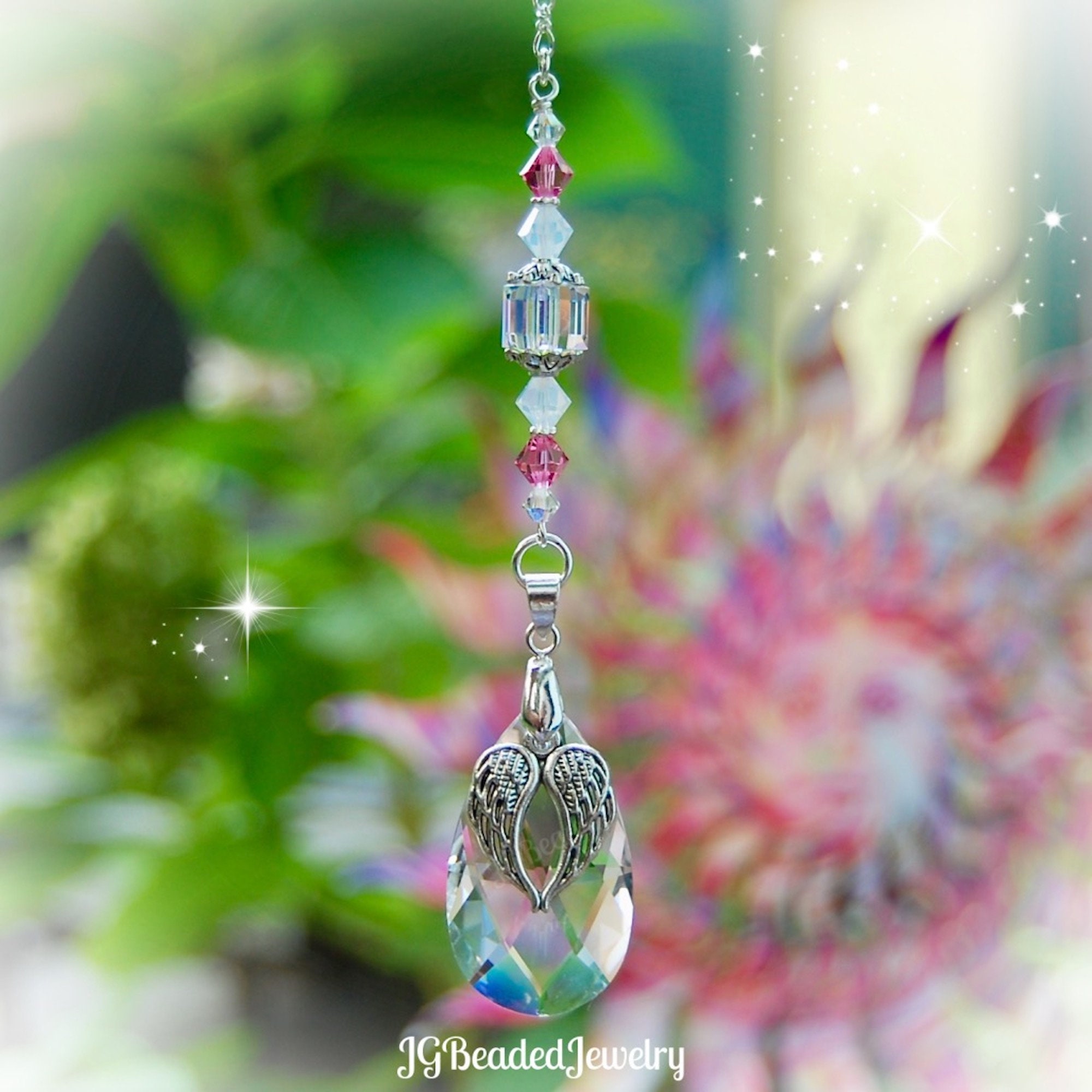 Teardrop Angel Wing Pink Opal Swarovski Crystal Suncatcher, Rearview ...