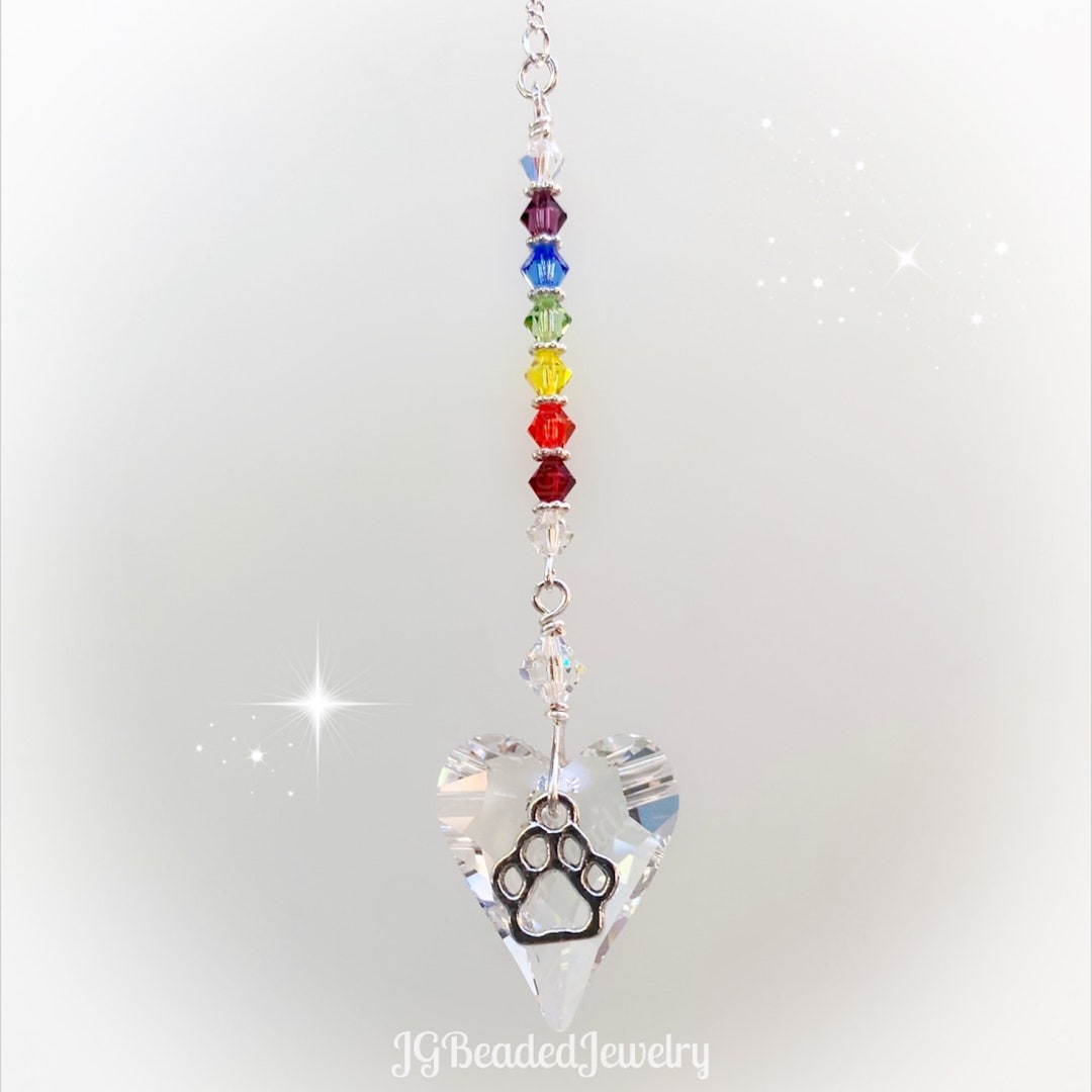 Rainbow Bridge Heart Paw Crystal Suncatcher, Rearview Mirror Car Charm ...