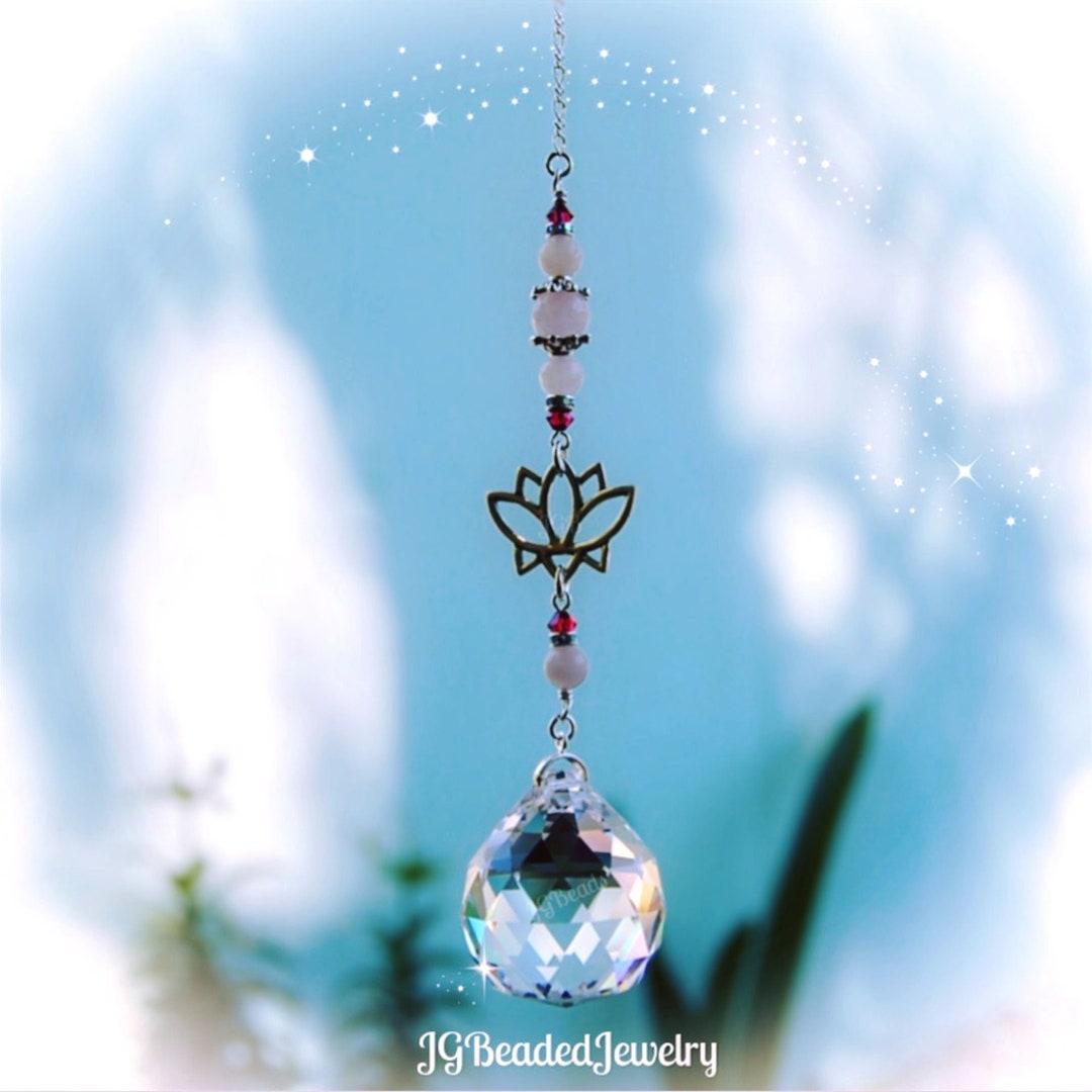 Ruby Rose Quartz Lotus Flower Crystal Suncatcher, Rearview Mirror Car ...