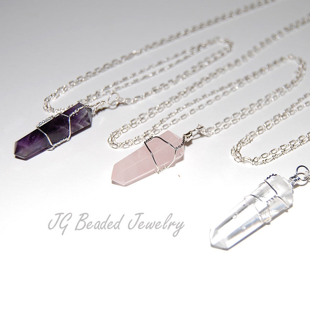 Long Quartz Crystal Necklace, Amethyst, Rose Quartz, Clear Quartz, 24 ...