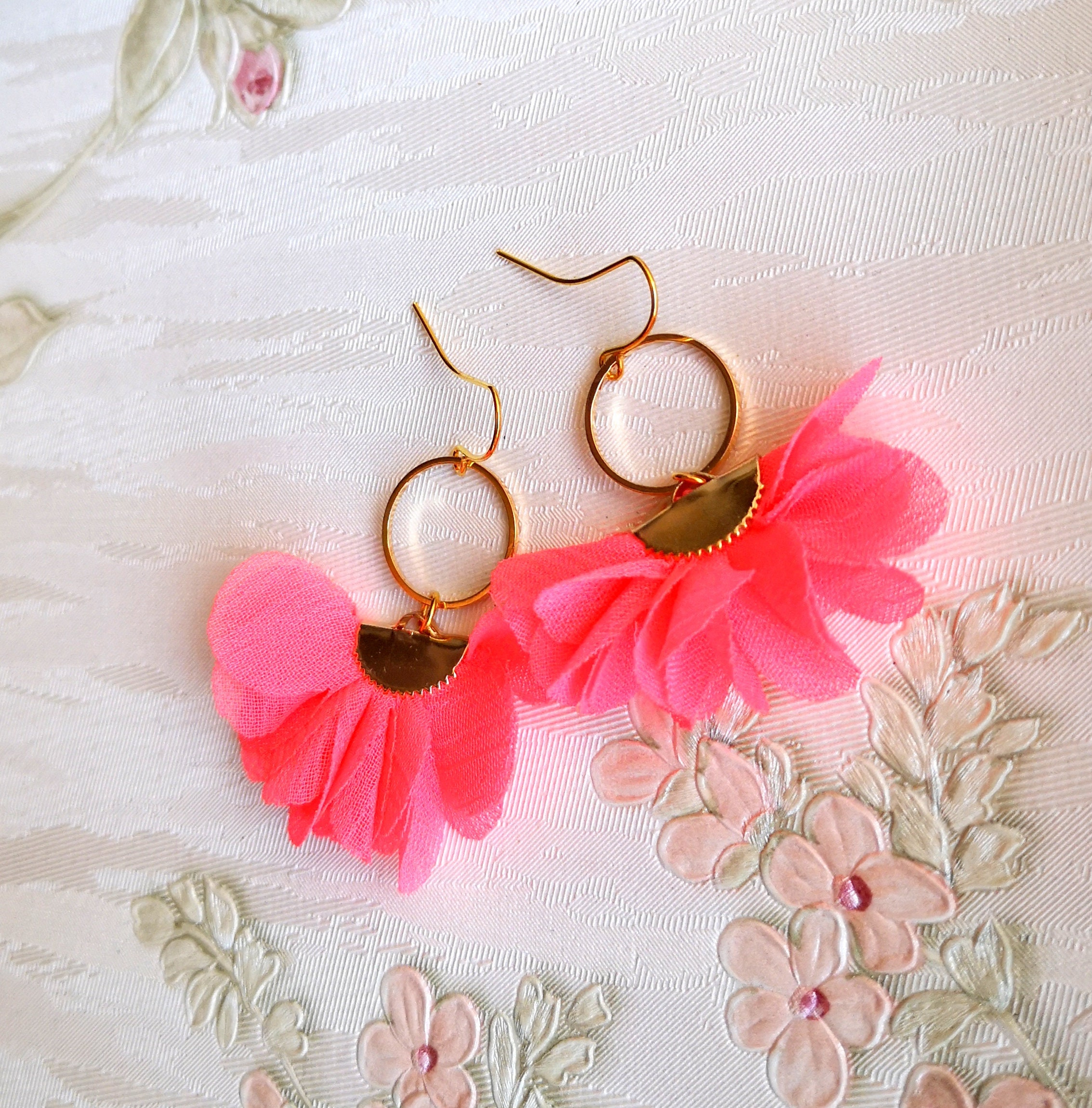 Pink hoop earrings Long pink earrings Pink tassel earrings | Etsy