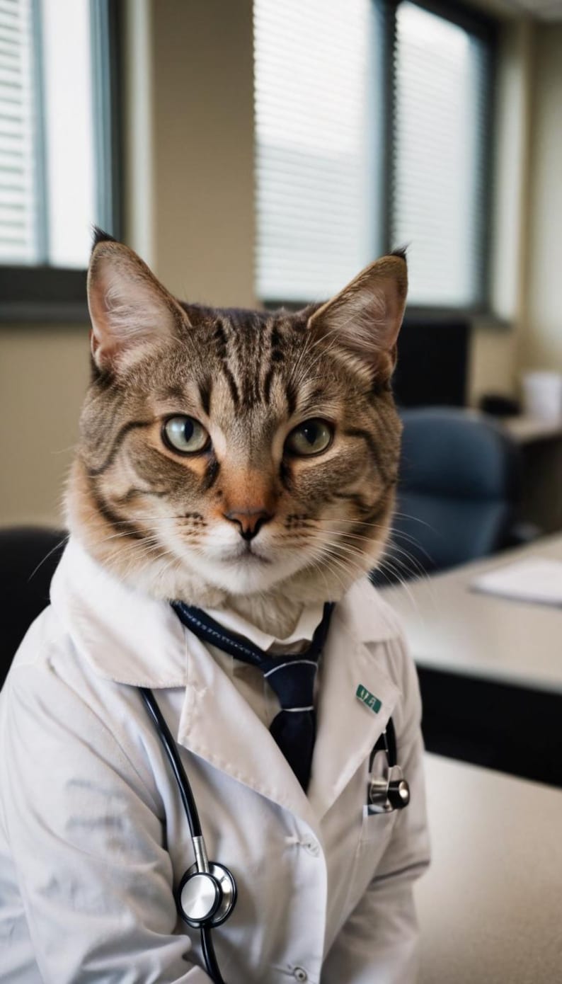 Doctor Cat Digital Art – Funny Realistic Tabby in a Lab Coat, Medical ...