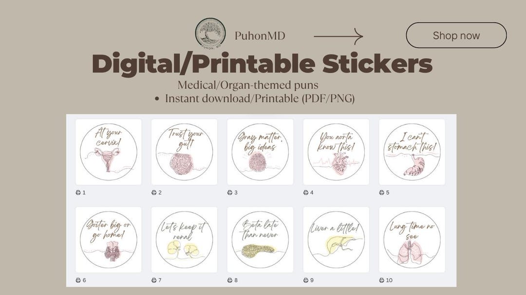Printable & Digital Organ-themed Pun Stickers | Funny Anatomy Stickers ...