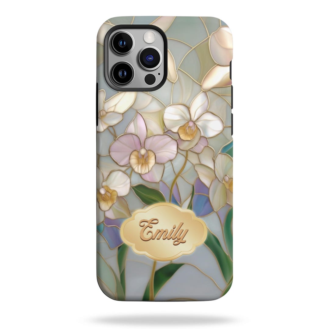 Personalized Faux Stained Glass Orchid Phone Case, Elegant Floral ...