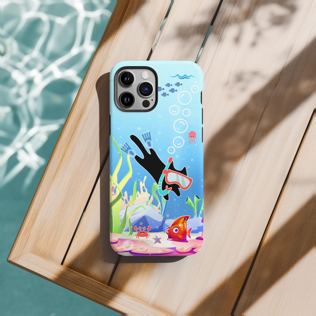 Summer Cat Snorkeling Adventure Phone Case, Black Cat Phone Case, Cute ...