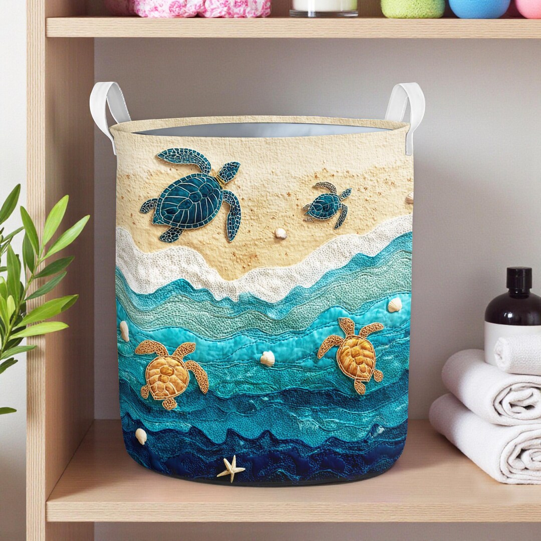 Sea Turtle Ocean Art Laundry Basket, Turtle Ocean Fabric Hamper, Beach ...