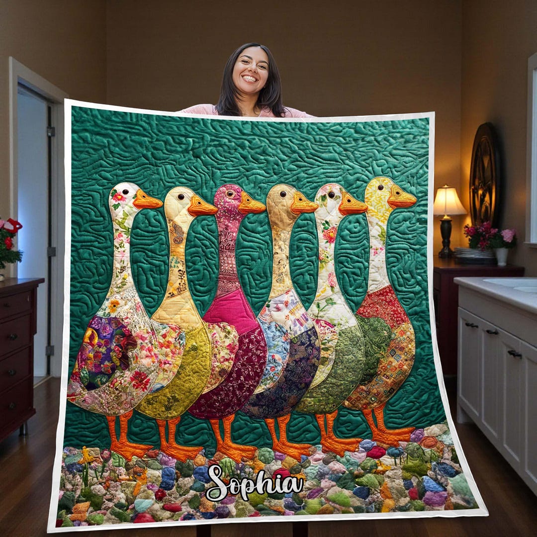 Colorful Ducks Quilt Blanket With Personalized Name – Patchwork Goose ...