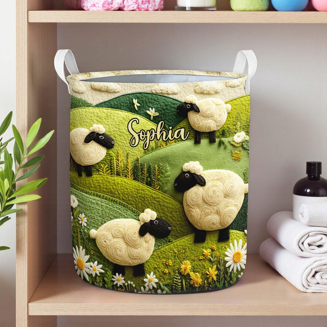 Custom Sheep Meadow Laundry Hamper, Adorable Farm Sheep Storage Basket ...
