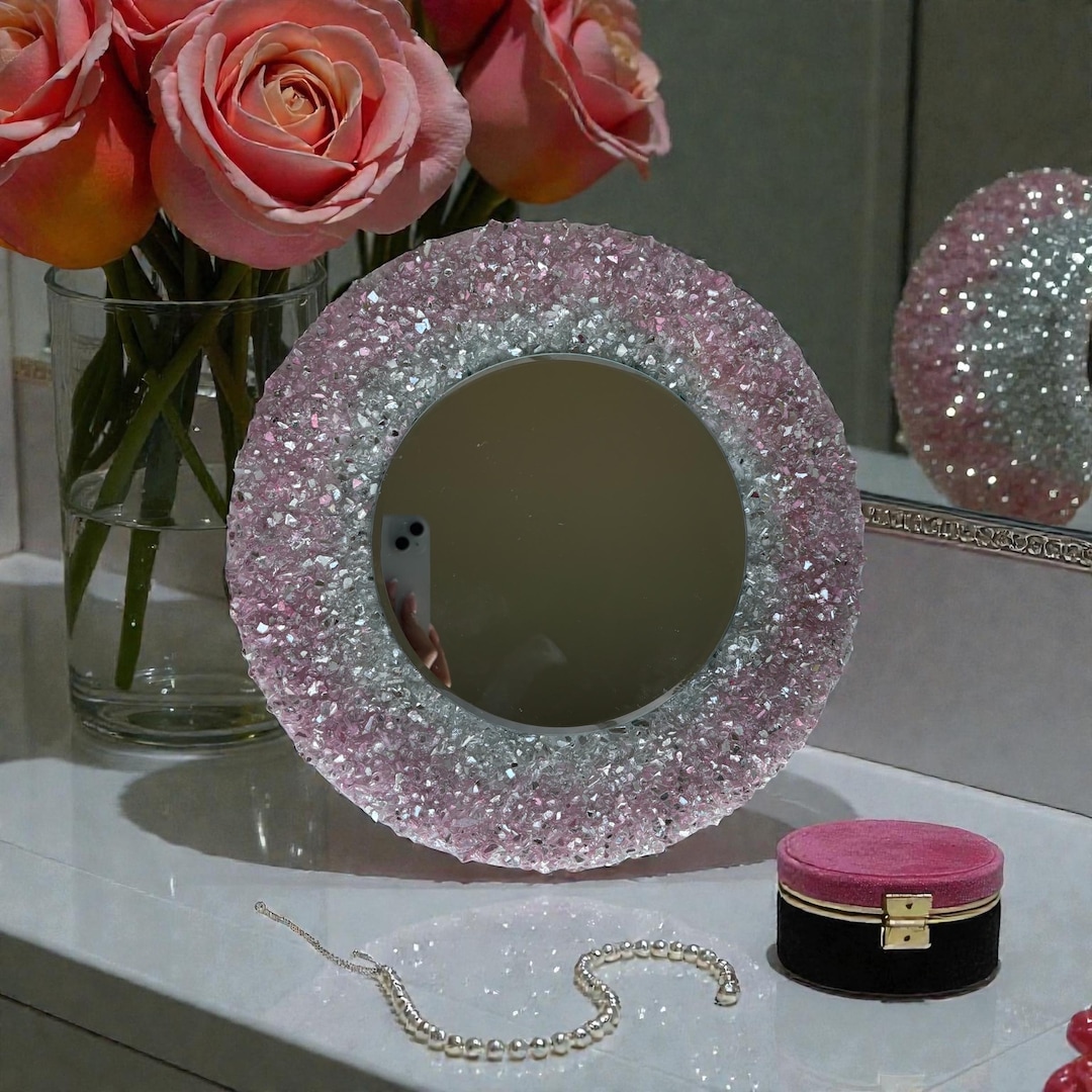 Handmade Geode Resin Mirror – Pink & Silver Crystal Decor – Sparkly ...