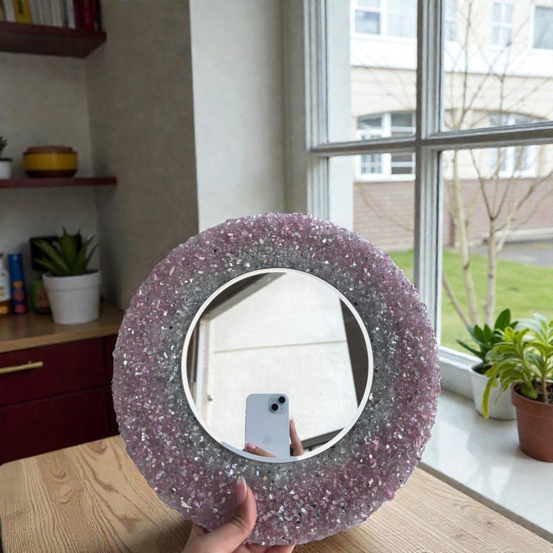 Handmade Geode Resin Mirror – Pink & Silver Crystal Decor – Sparkly ...