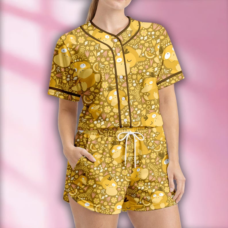 Psyduck Baseball Jersey Cute Floral Pattern Button up Shirt Funny ...