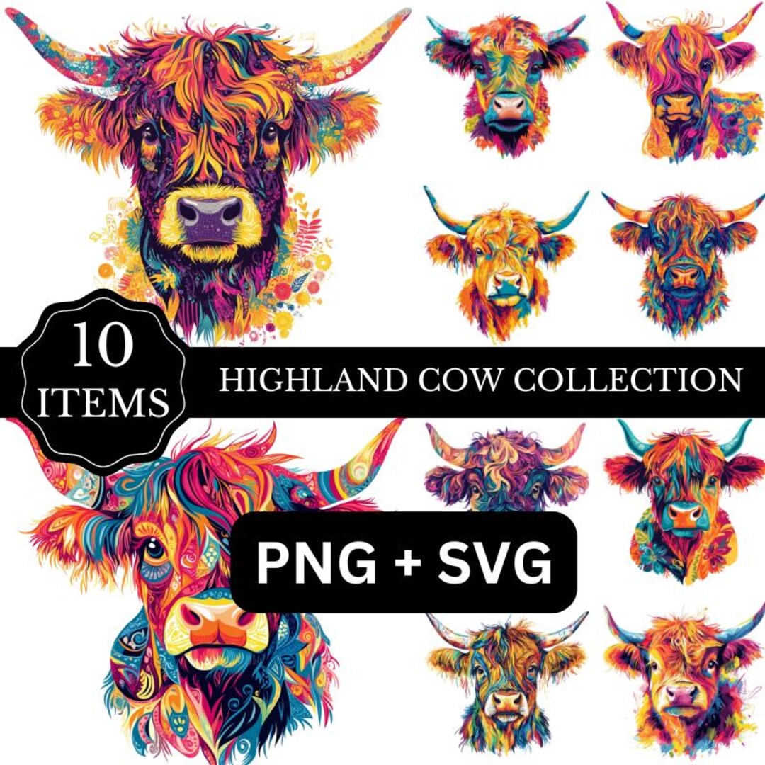 Vibrant Highland Cow Clip Art: Doodle-style PNG & SVG (digital Download ...