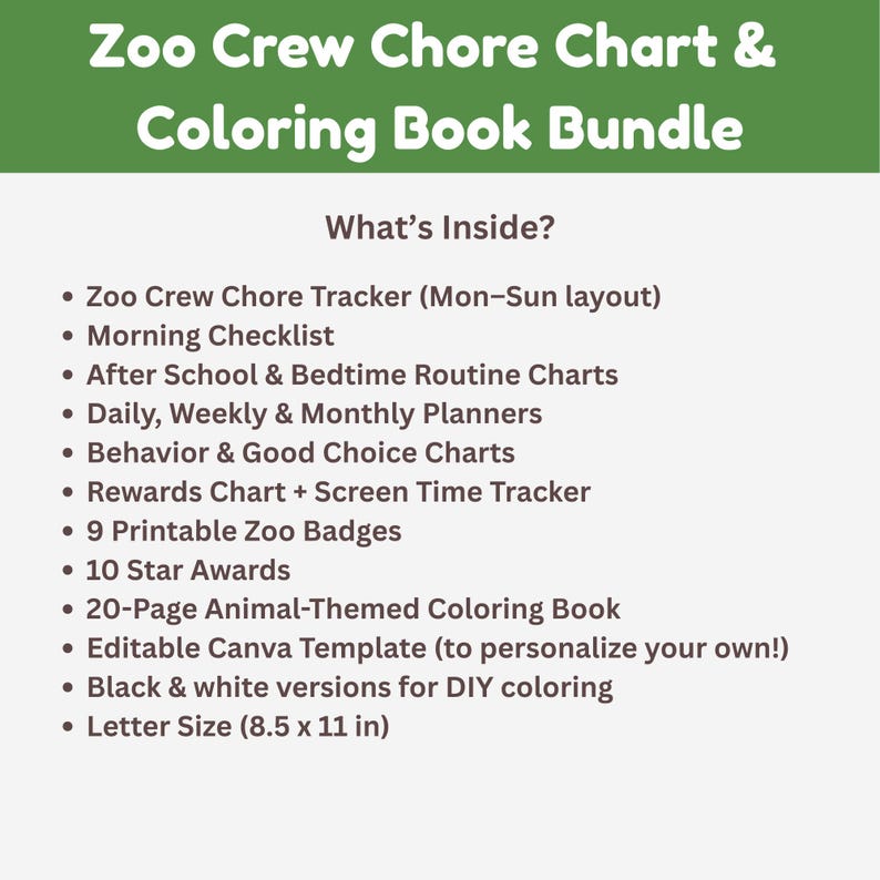 Editable Zoo Animal Chore Chart Pdf – kids Behavior & Daily Routine ...