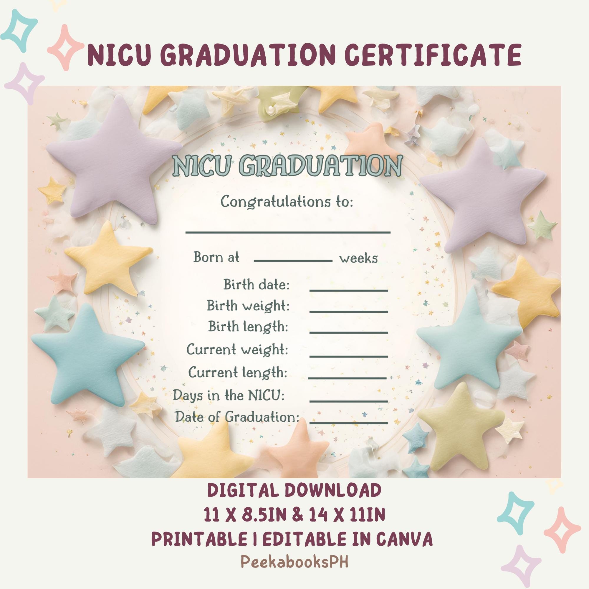 NICU Graduation Certificate Printable PDF: 11×8.5 and 14×11, Canva ...