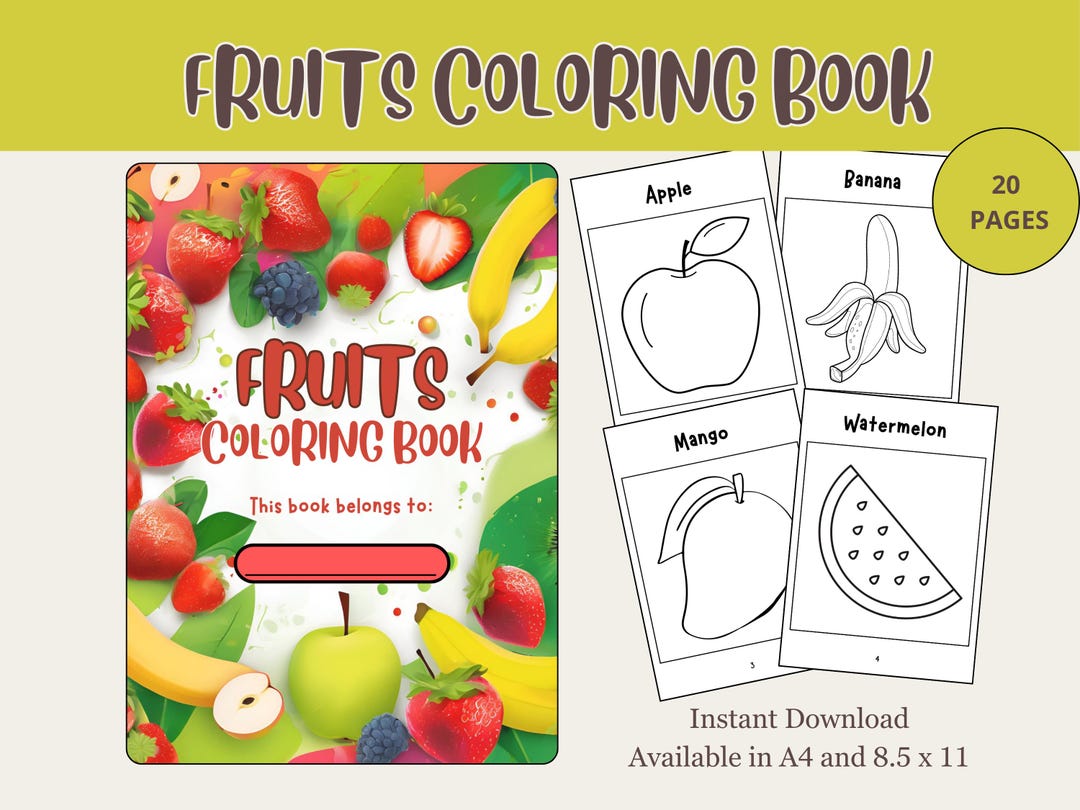 Printable Fruits Coloring Book for Kids | 20-page Digital Download ...