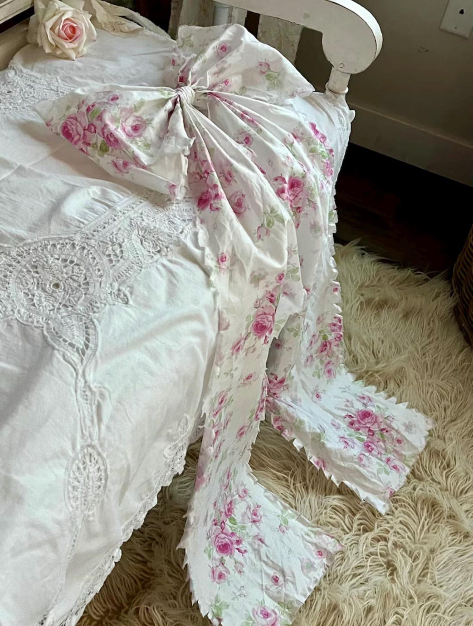 Tattered Shabby Rose Floral Raw Edge Washed Cotton Wrinkled Crinkled ...