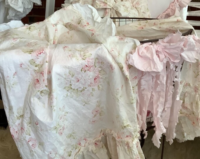 Pale Pink Shabby Tattered Faded Cabbage Rose Ruffled Kitchen Tea Towel ...