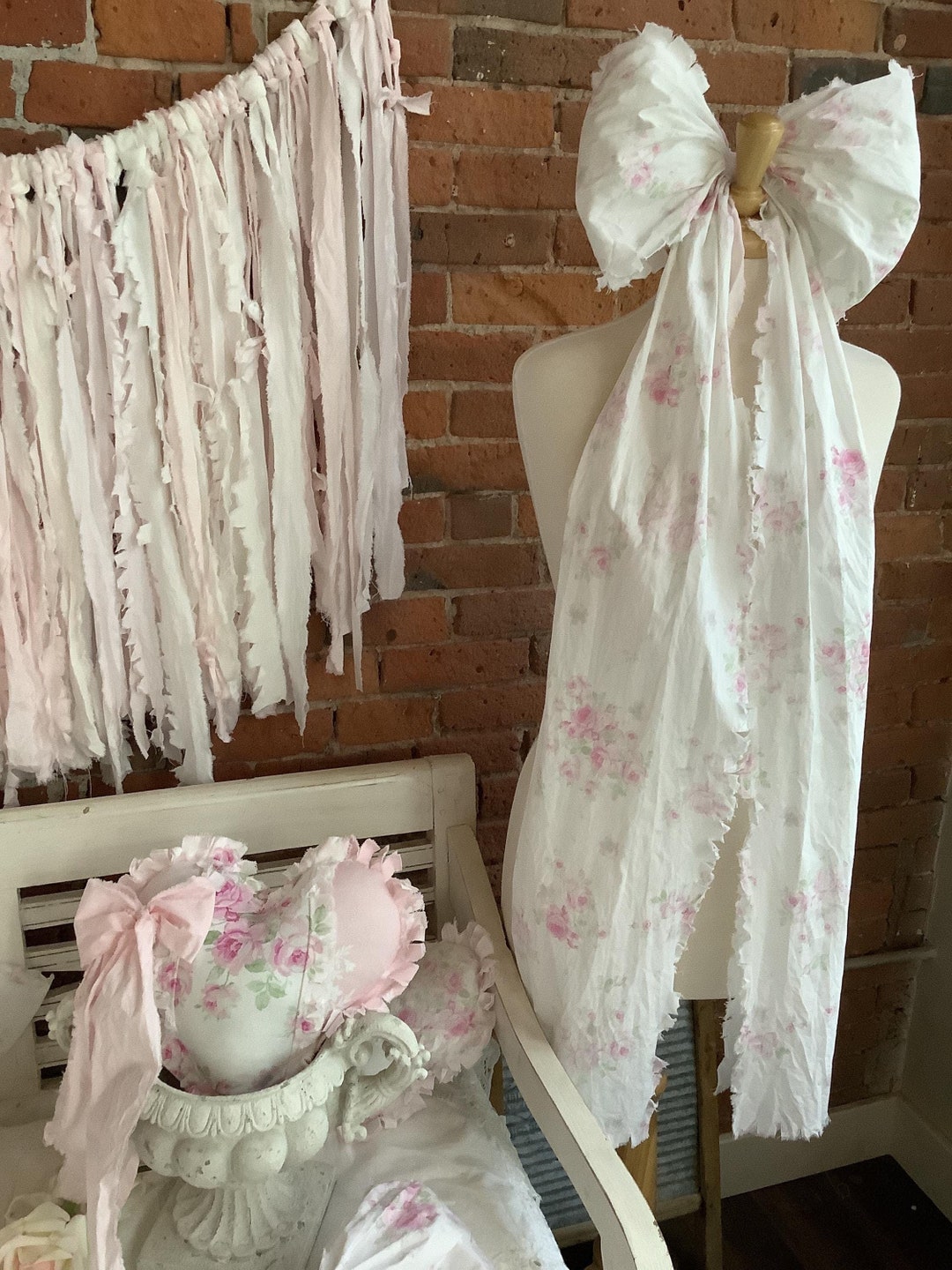 Tattered Pink and White Shabby Faded Rose Floral Raw Edge Washed Cotton ...