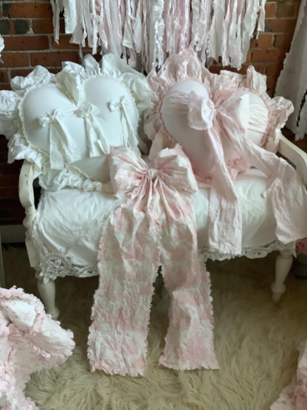 Tattered Pink and White Toile Raw Edge Washed Cotton Wrinkled Crinkled ...