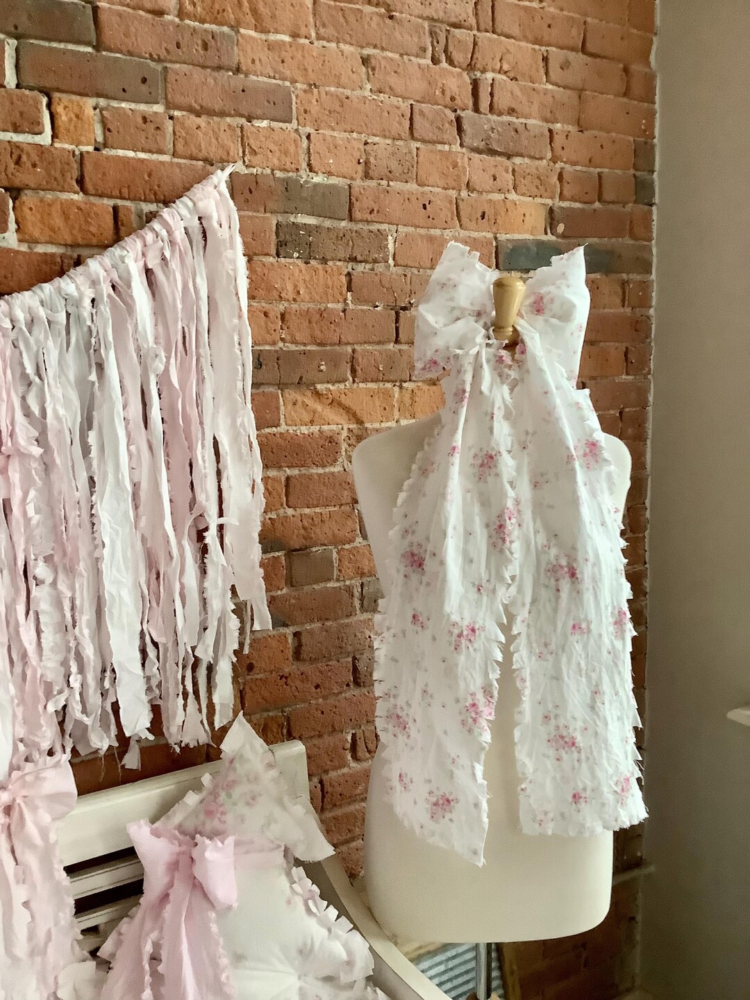 Tattered Pink and White Shabby Tiny Rose Floral Raw Edge Washed Cotton ...