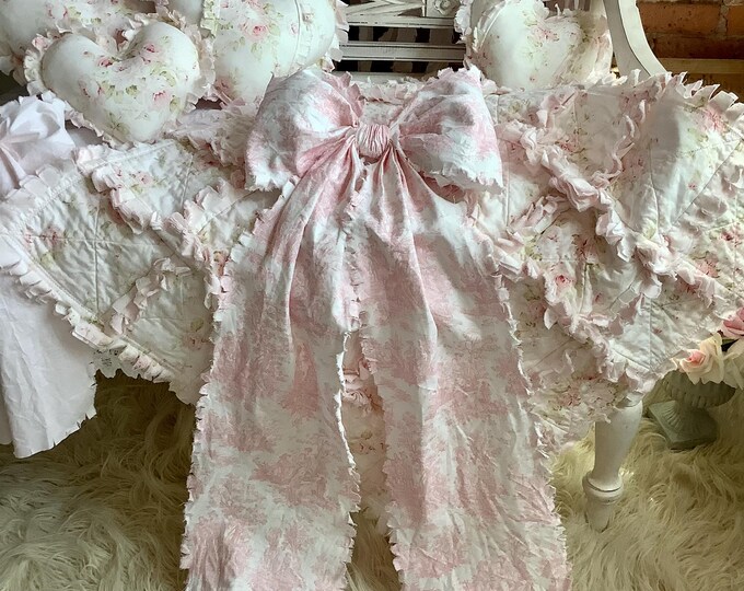 Tattered Pink and White Toile Raw Edge Washed Cotton Wrinkled Crinkled ...