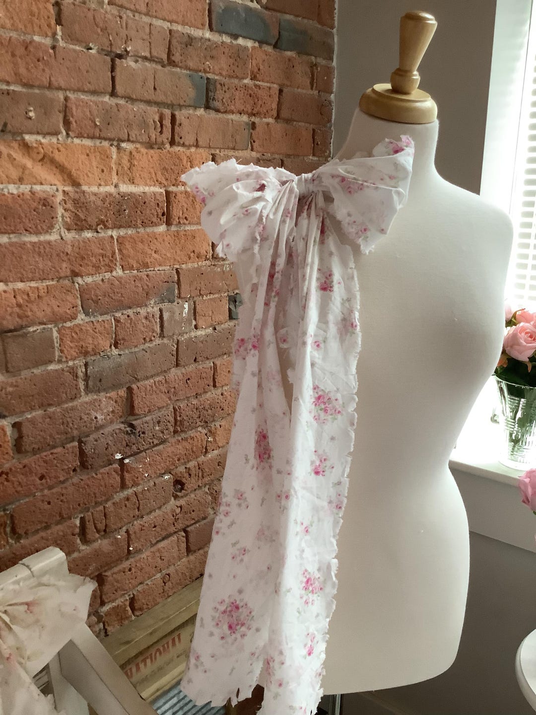 Tattered Pink and White Shabby Tiny Rose Floral Raw Edge Washed Cotton ...