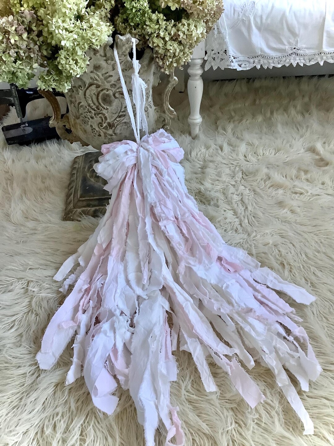 Messy Scrappy Rag Bow Tattered Pink and White Shabby Washed Cotton ...