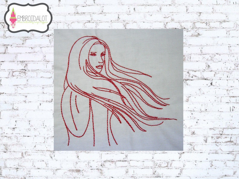 Woman Machine Embroidery Design. Woman Embroidery With Hair Blowing in ...