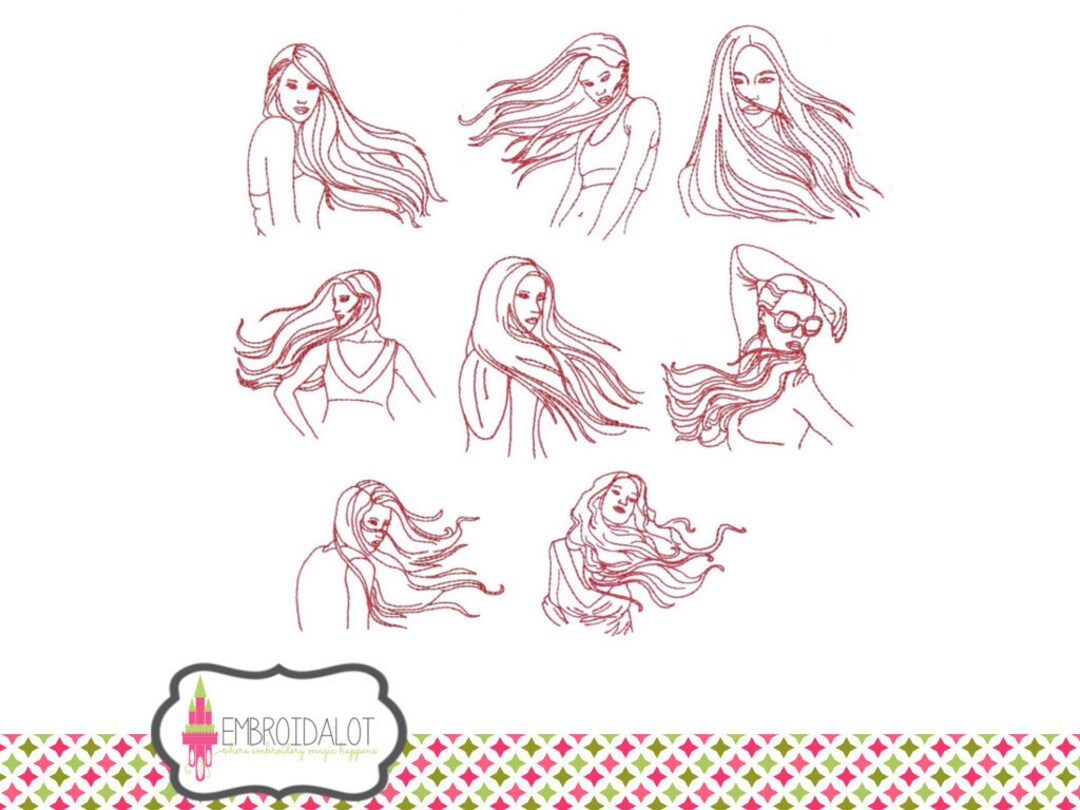 Ladies Machine Embroidery Design Set. Pretty Ladies in Redwork ...