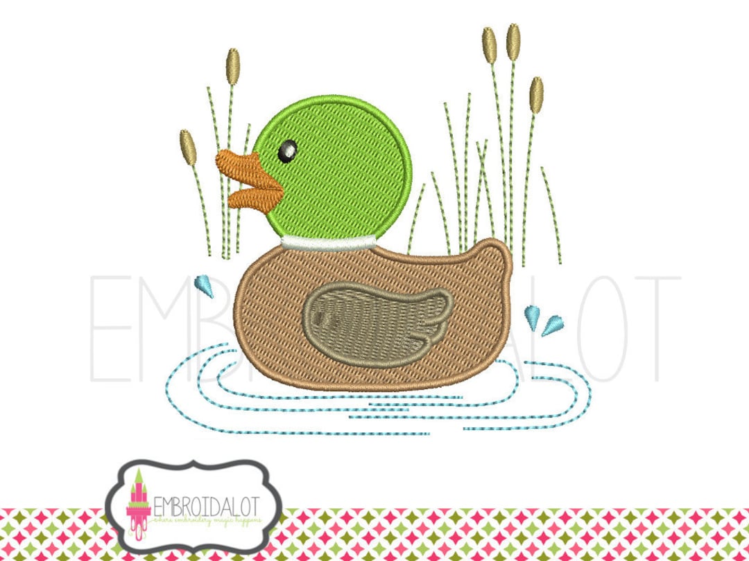 Duck Machine Embroidery Design. Cute Mallard Duck in Pond Embroidery ...