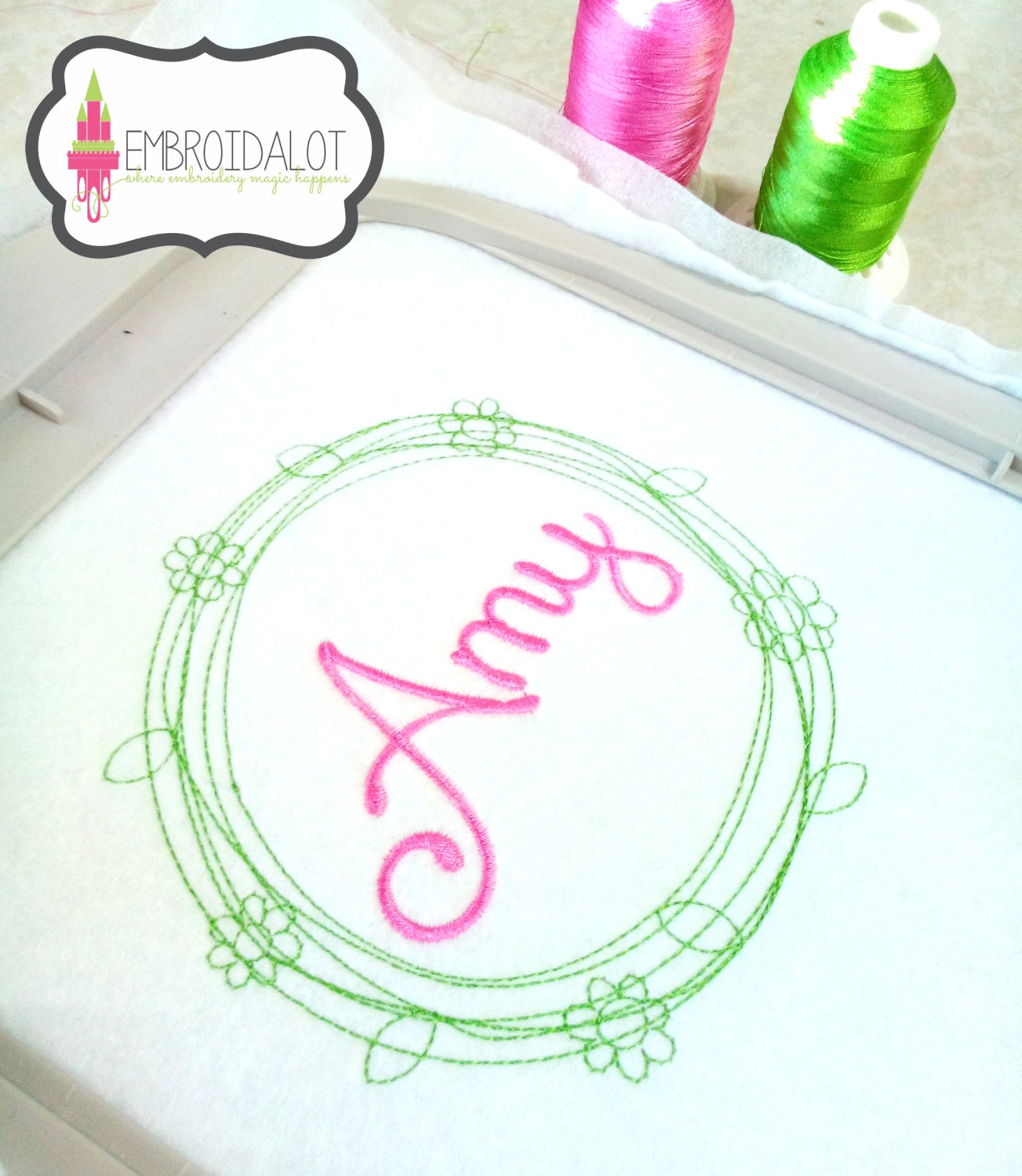 Girly monogram frame embroidery design. Pretty text fame in | Etsy
