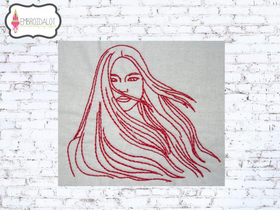 Woman Machine Embroidery Design. Woman Embroidery With Hair Blowing in ...