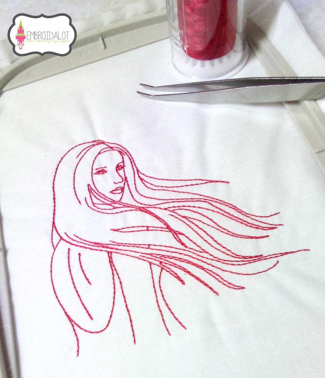 Woman Machine Embroidery Design. Woman Embroidery With Hair Blowing in ...