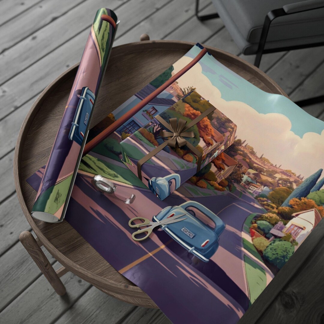 Memory Lane Wrapping Paper - Vintage Car Road Trip Design, Eco-friendly ...