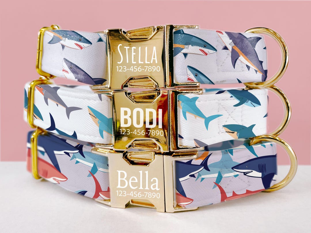 Shark Print Dog Collar, Personalized With Name, Shark Pattern, Sea ...