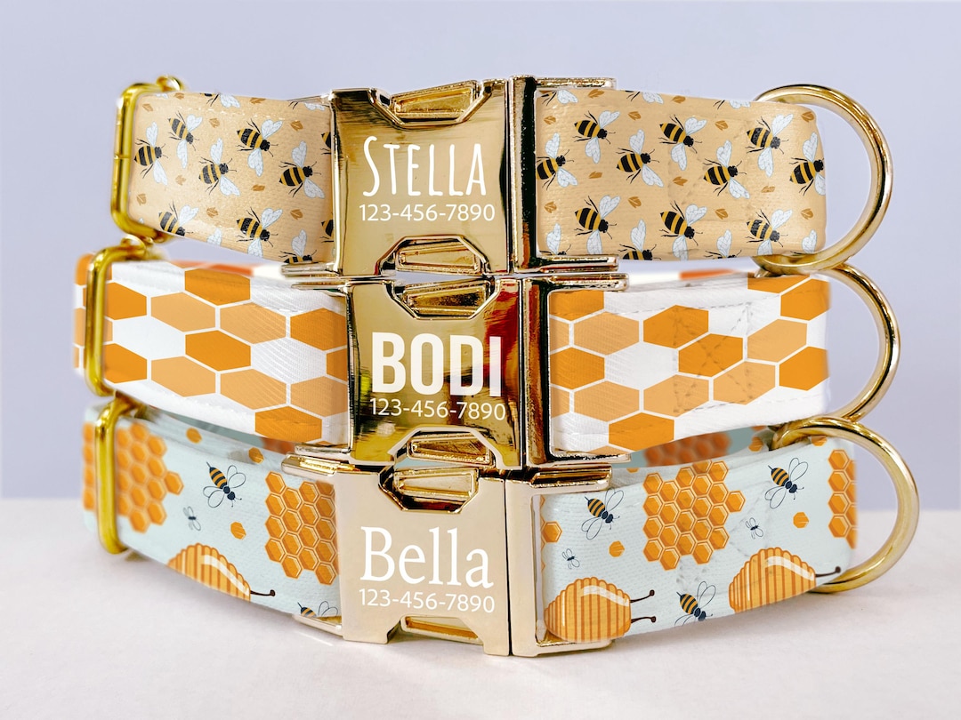 Bumble Bee Print Dog Collar, Custom Dog Collar With Name, Bee Print Dog ...