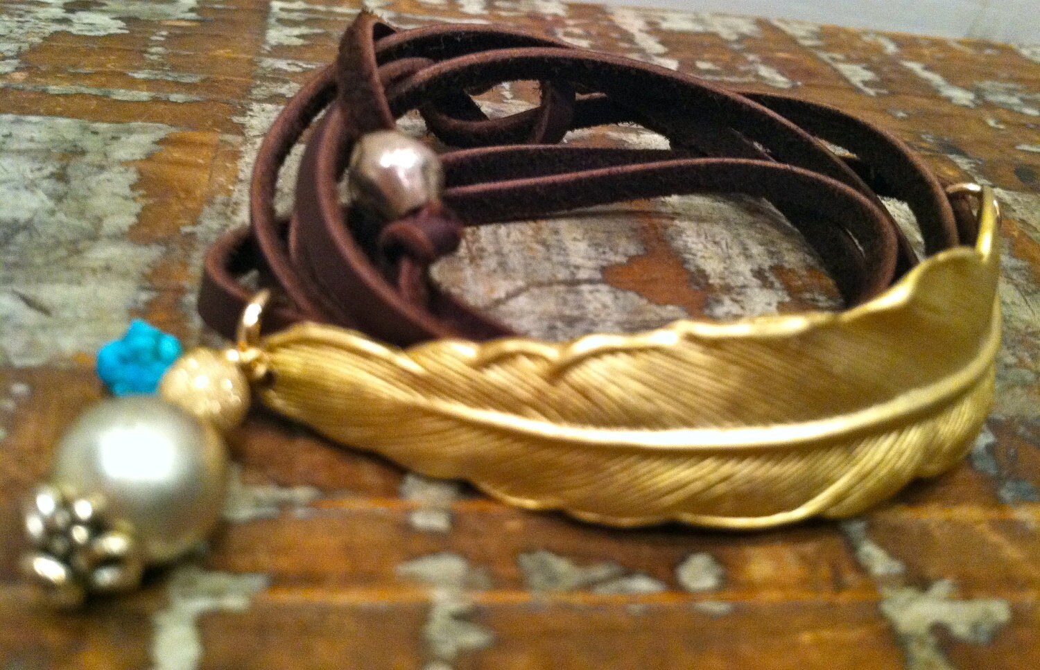 Gold Feather Leather Wrap Bracelet - Etsy