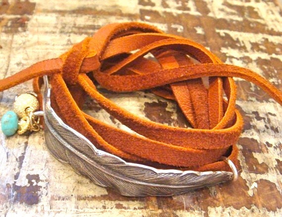 Sterling Silver Feather With Leather Wrap Bracelet - Etsy