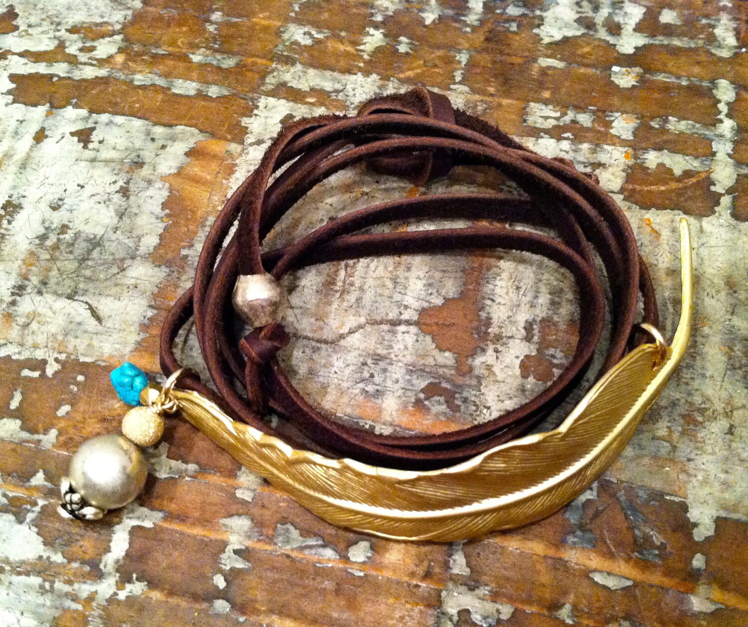 Gold Feather Leather Wrap Bracelet - Etsy
