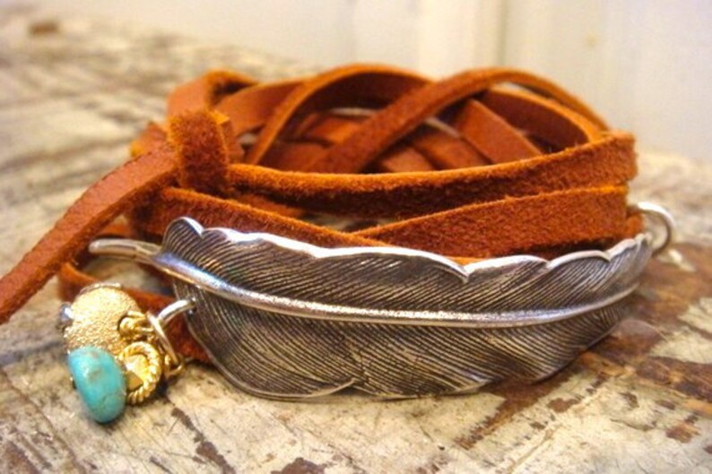 Sterling Silver Feather With Leather Wrap Bracelet - Etsy