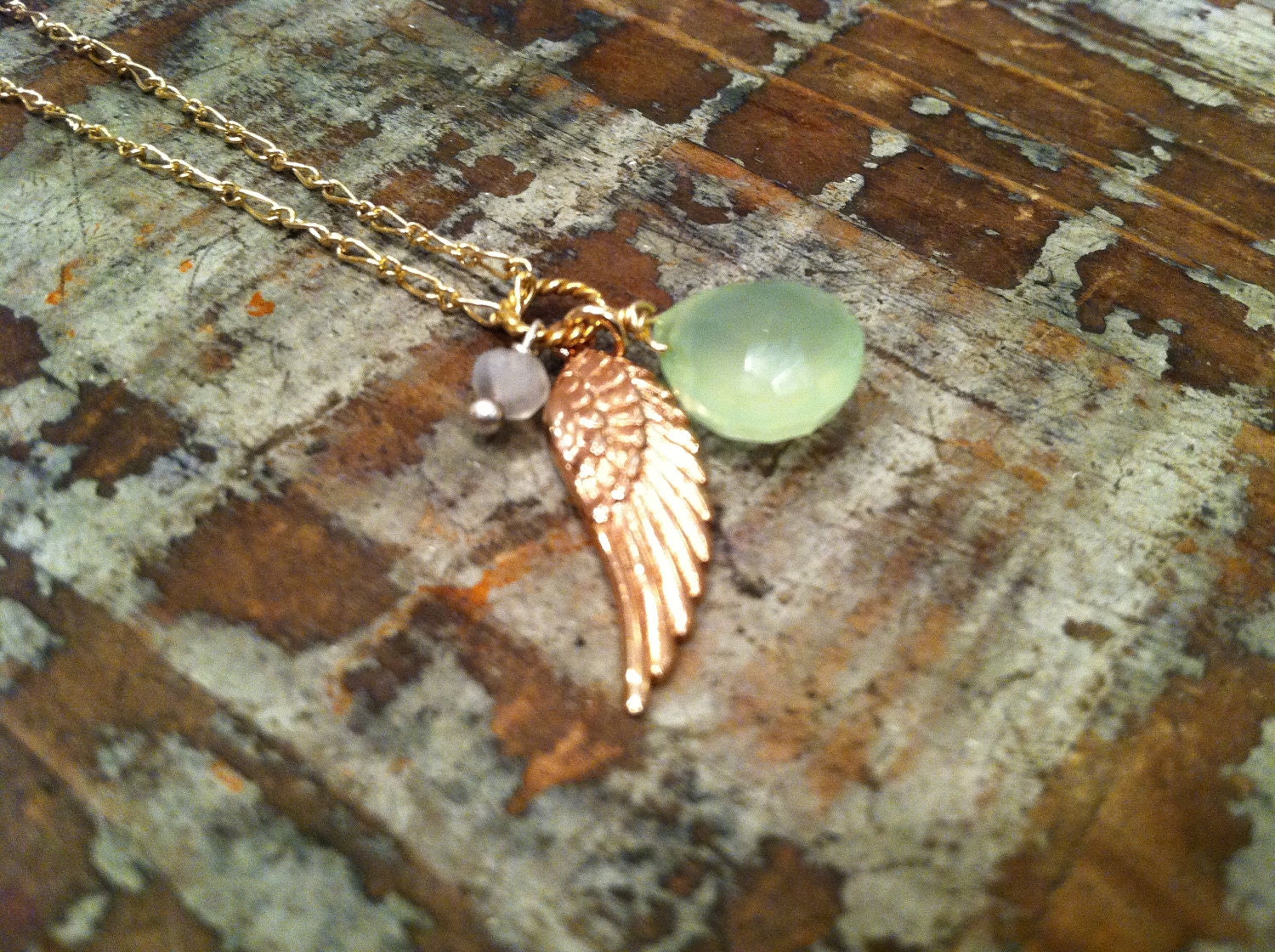 Rose Gold Angel Wing With Green and White Chalcedony Gemstone Charms - Etsy