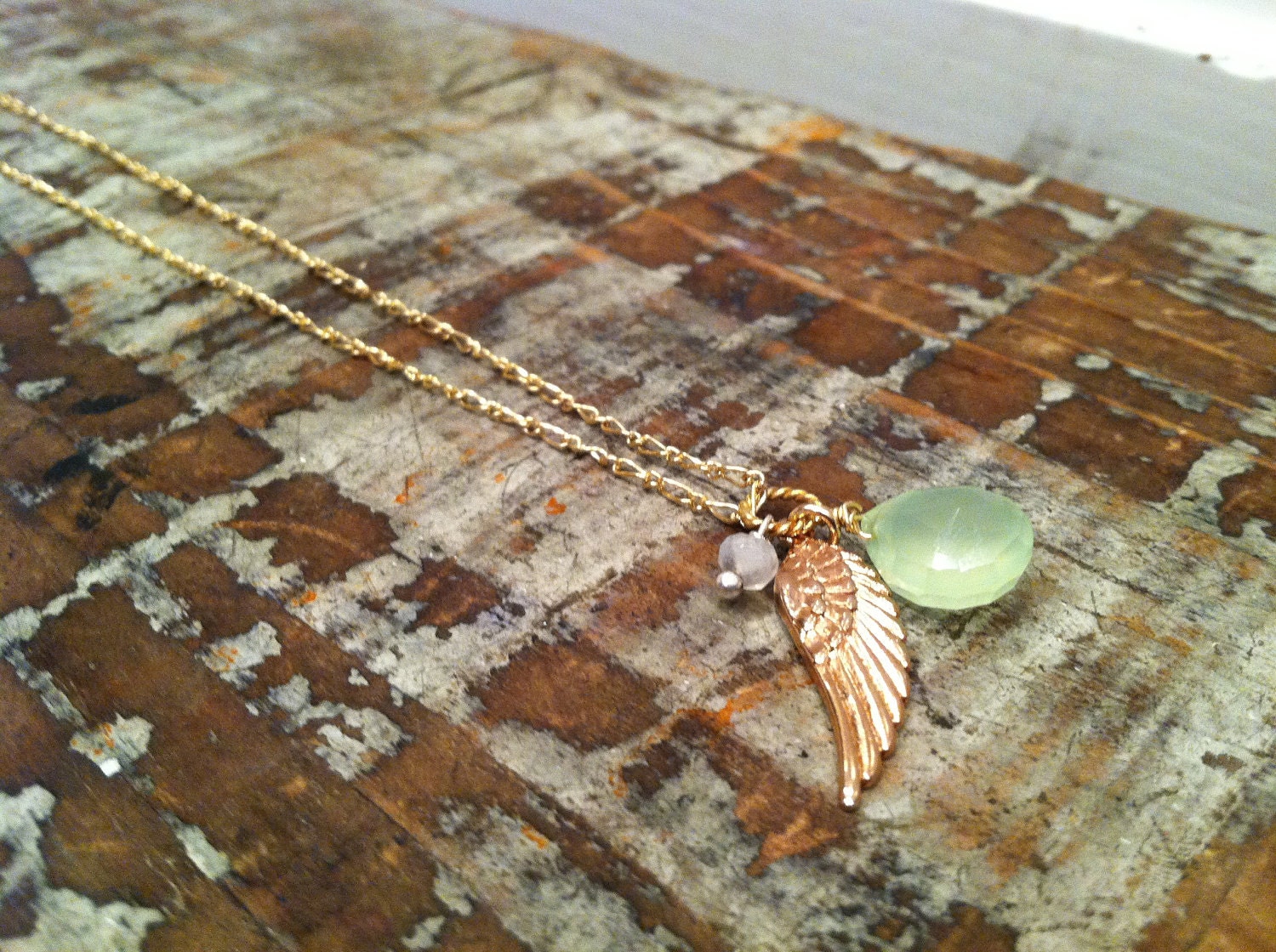 Rose Gold Angel Wing With Green and White Chalcedony Gemstone Charms - Etsy