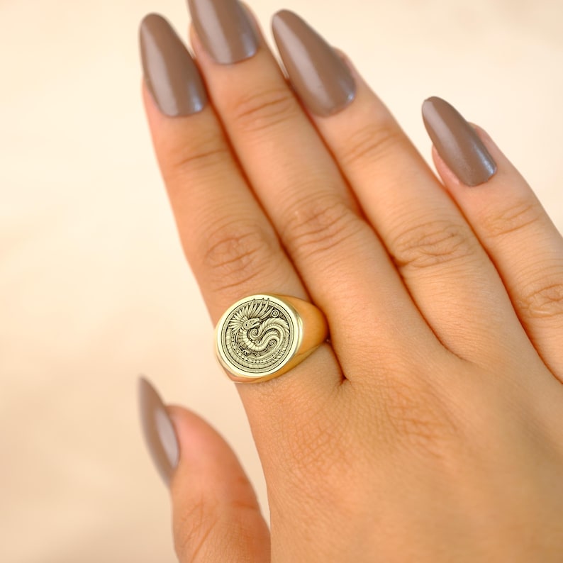 Quetzalcoatl Signet Ring – Aztec Mythology Jewelry, Feathered Serpent ...