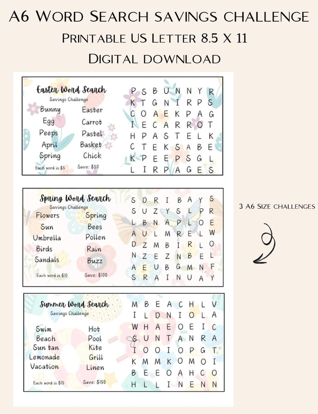 Word Search Savings Challenges ~ Set of 3 ~ Printable Download - Etsy