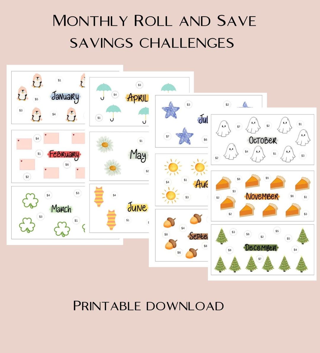 12 Month Roll and Save Savings Challenge ~ Printable Download - Etsy